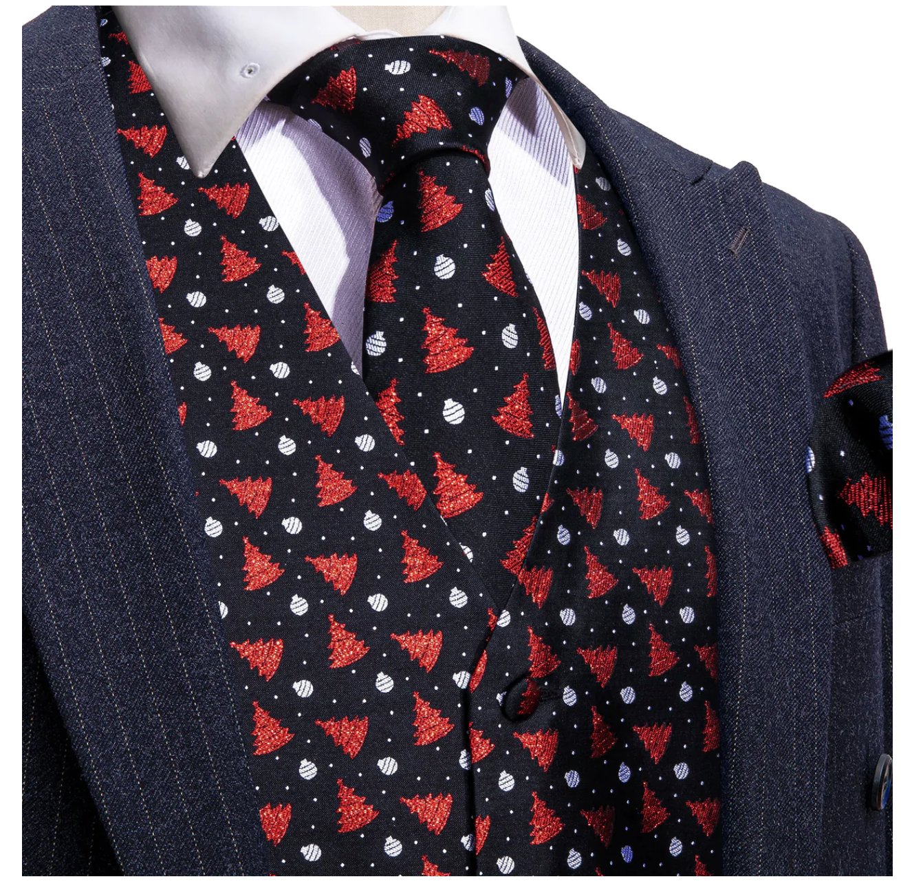 Men's Black Red Christmas Tree Silk Tie Hanky Cufflinks Waistcoat Vest ...
