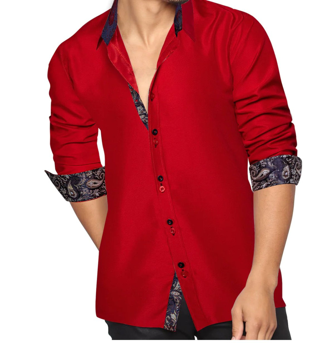 Red Mens's Shirt with contrast colored buttons unique cuffs design -CY ...